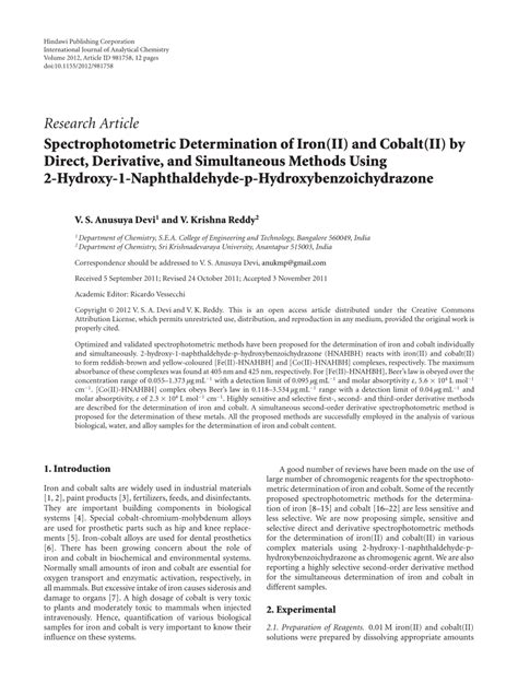 Pdf Spectrophotometric Determination Of Ironii And Cobaltii By Direct Derivative And