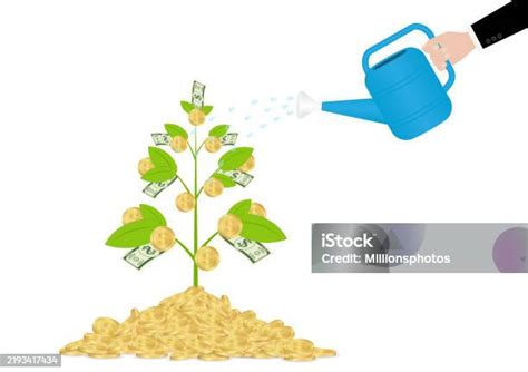 손으로 물을 주는 돈 식물 Passive Income으로 성장하는 사업 이익 성장하는 돈 저축 및 투자 개념 100 달러 지폐 미국 지폐 통화에 대한 스톡 벡터 아트 및