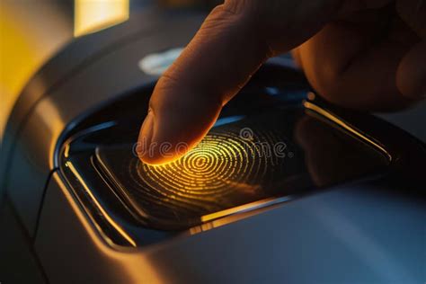 Close Up Of Modern Fingerprint Security Device Scanning Finger Stock