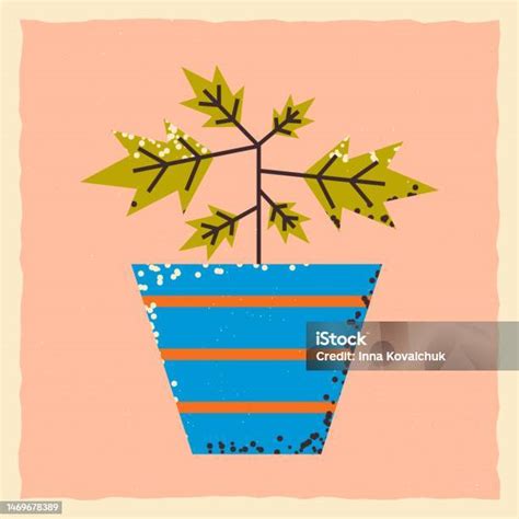 식물과 파란 화분 짜임새 나뭇잎 그런 지 스타일의 정사각형 템플릿입니다 벡터 그림입니다 0명에 대한 스톡 벡터 아트 및 기타