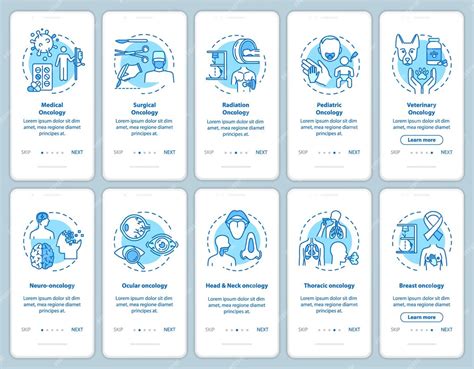 개념이 있는 Oncology 온보딩 모바일 앱 페이지 화면 안구암 의료 종양학 질병 치료 연습 단계 그래픽 지침 Rgb 컬러 일러스트가 있는 Ui 벡터 템플릿