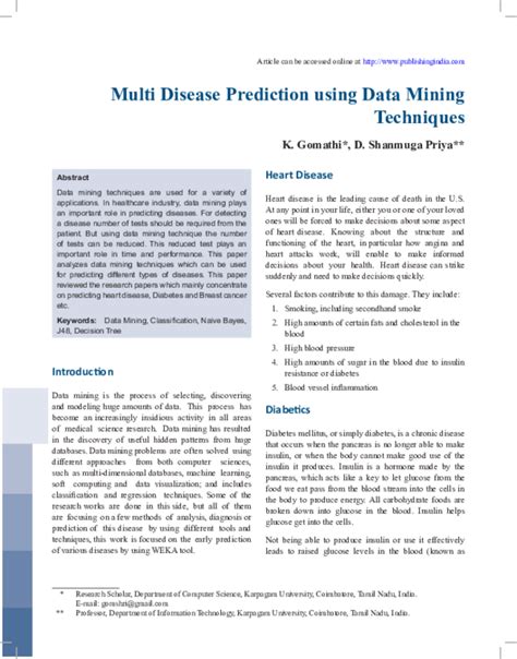Pdf Multi Disease Prediction Using Data Miningpdf