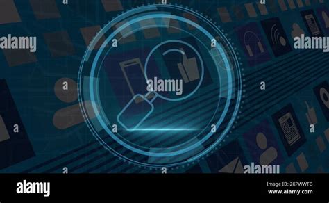 Cyber Security Text Over Round Scanner Against Digital Icons In Seamless Pattern Stock Video