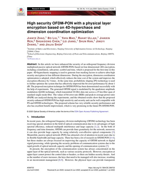 Pdf High Security Ofdm Pon With A Physical Layer Encryption Based On 4d Hyperchaos And