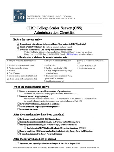 Fillable Online Cirp College Senior Survey Css Administration Checklist Fax Email Print