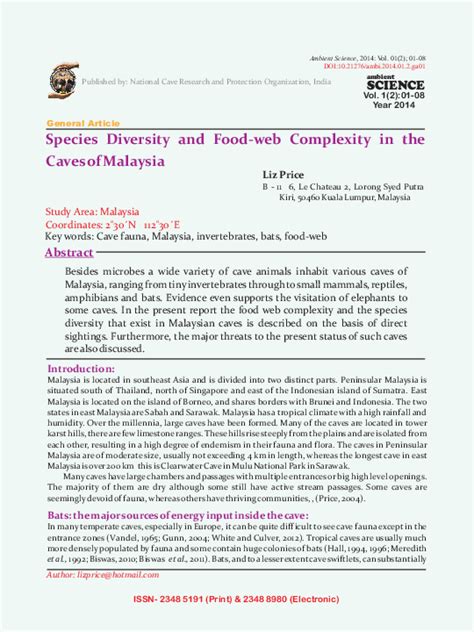 Pdf Species Diversity And Food Web Complexity In The Caves Of Malaysia