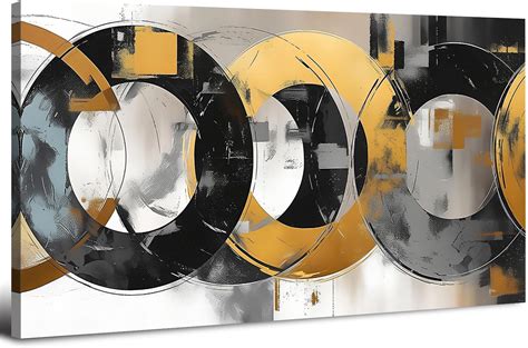 Hfdf Abstract Canvas Wall Art Black And Gold Circular Picture Living