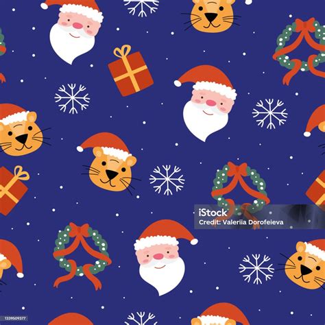 블루 배경에 새해 호랑이 디자인과 크리스마스 화환과 매끄러운 패턴 포장지 또는 인쇄를 위한 벡터 일러스트레이션 플랫입니다 공휴일에 대한 스톡 벡터 아트 및 기타 이미지