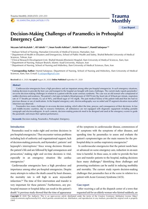 Pdf Decision Making Challenges Of Paramedics In Prehospital Emergency