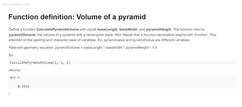 Solved Function Definition Volume Of A Pyramid Function