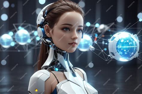 Premium Photo White Robot Woman Using Digital Sphere Connection Hologram 3d Rendering