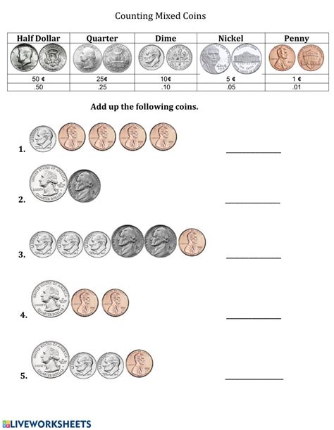 Counting Mixed Coins To 1 Worksheets