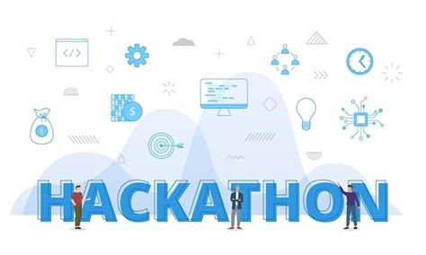 Premium Vector Hackathon Concept With Big Words And People Surrounded By Related Icon