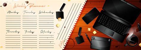 만화 스타일의 비즈니스 시간 계획 모바일 액세서리와 추상적 인 나무 배경에 커피 한 잔과 함께 고정식 텍스트를 위한 장소가 있는