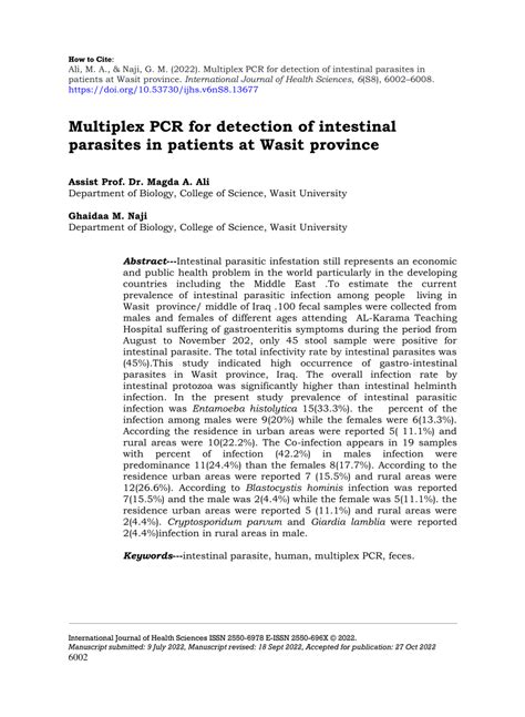 Pdf Multiplex Pcr For Detection Of Intestinal Parasites In Patients At Wasit Province