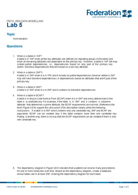 Itech 2004 05 Lab Very Good Tasks Itech 2004 Data Modelling Lab 5 Topic Normalization