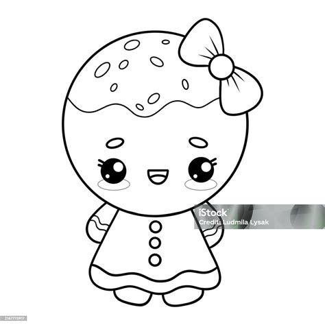 귀여운 크리스마스 진저 브레드 소녀 활 드레스 개요 휴일 쿠키 Kawaii 만화 캐릭터 선화 색칠 공부 벡터 일러스트 레이 션 키즈 컬렉션 12월에 대한 스톡 벡터 아트 및