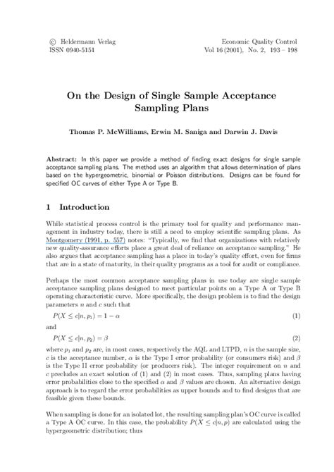 Pdf On The Design Of Single Sample Acceptance Sampling Plans
