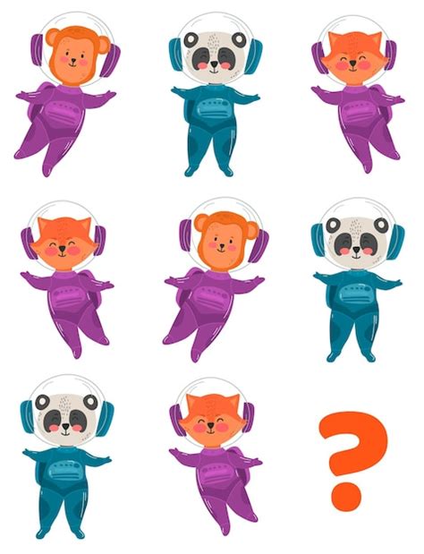 미취학 아동 교육 및 Iq 테스트를 위한 연습 문제 워크시트 실종 우주 비행사 찾기 프리미엄 벡터