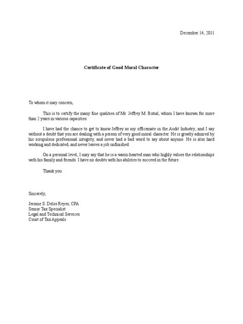 Good Moral Character Affidavit Sample Character Reference Download