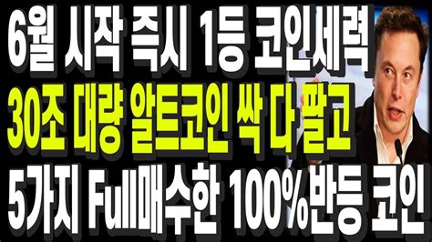 비트코인 리플 도지코인 이더리움 6월 시작 즉시 1등 코인세력 30조 대량 알트코인 싹 다 팔고 5가지 Full매수한 100
