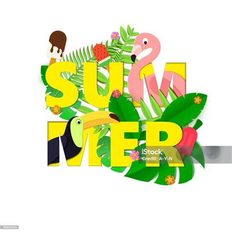 단어 여름 구성 꽃 정글 큰부리새 플라밍고와 아이스크림 Trandy 종이 스타일을 잘라 나뭇잎 포스터 배너 전단지에 대 한 열 대 공예 디자인 벡터 카드 그림입니다 0명에