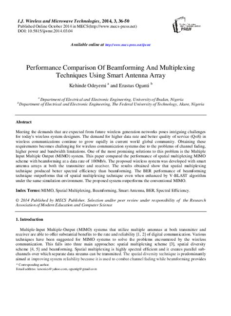 Pdf Performance Comparison Of Beamforming And Multiplexing Techniques Using Smart Antenna Array