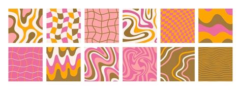 70년대 80년대 스타일의 큰 정사각형 배경 세트 그루비 히피 추상 환각 디자인 프리미엄 벡터