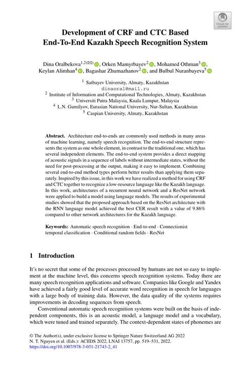 Pdf Development Of Crf And Ctc Based End To End Kazakh Speech