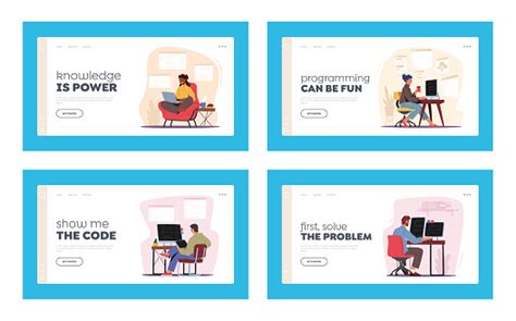 랜딩 페이지 템플릿 집합을 작업하는 프로그래머 컴퓨터 코딩 프로그래밍 웹 사이트에서 작업하는 디자이너 캐릭터 사무실에 대한 스톡 벡터 아트 및 기타 이미지 Istock