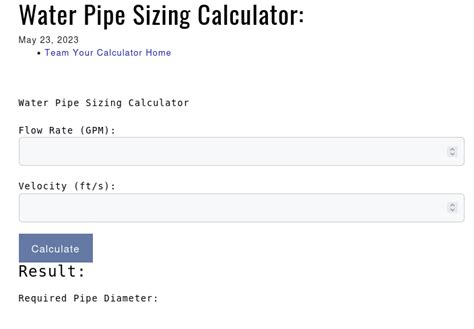 Water Pipe Sizing Calculator Your Calculator Home