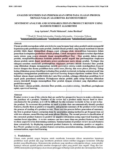 Pdf Analisis Sentimen Dan Peringkasan Opini Pada Ulasan Produk Menggunakan Algoritma Random Forest