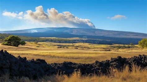 Ai Generated Illustration Of A Volcano With A Plume Of Smoke Rising