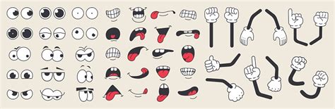 70 년대 멋쟁이 만화 얼굴 벡터의 집합입니다 만화 캐릭터 얼굴 모음 En 다른 감정 행복 화남 슬픔 쾌활함 귀여운 복고풍 그루비 히피 그림 장식 스티커 걷기에 대한 스톡