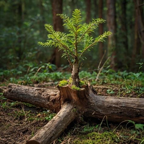 Young Tree Emerging From Old Tree Stump Premium Ai Generated Image