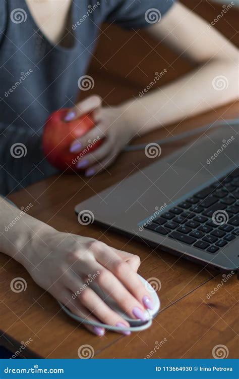 Female Hand On Computer Mouse Work On Laptop Stock Photo Image Of Internet Global