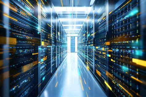 Data Center Server Room Corridor Glowing Lights Fast Data Transfer 1 Stock Illustration