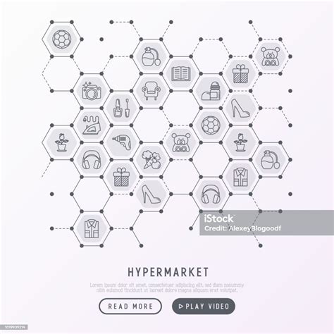 얇은 선 아이콘으로 넓어짐에 대형 슈퍼마켓 개념 의류 스포츠 장비 전자 제품 향수 화장품 장난감 식품 가전 제품 현대 벡터 일러스트 레이 션 웹 페이지 서식 파일 가구에