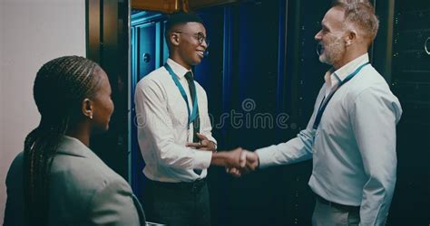 People Handshake And Server Room Agreement Onboarding Or Cyber Security Success With