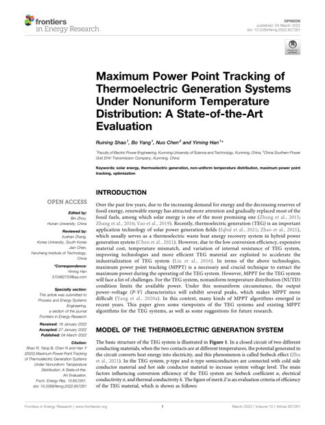 Pdf Maximum Power Point Tracking Of Thermoelectric Generation Systems Under Nonuniform