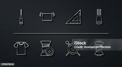 세트 라인 송곳 도구 티셔츠 지퍼 재봉 단추 및 뜨개질 바늘 실 섬유 직물 롤 및 삼각형 눈금자 아이콘 벡터 검은색에 대한 스톡 벡터 아트 및 기타 이미지 Istock