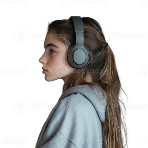 Side Profile Of A Young Woman Wearing Headphones Looking Curiously To