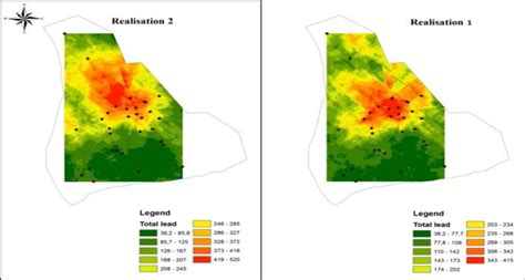 two realization of gaussian geostatistical simulation of total lead in