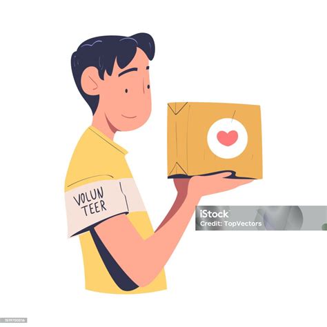 가난한 사람들을 위한 인도주의적 도움과 함께 골판지 상자를 들고 있는 젊은 남자 벡터 일러스트레이션 개념에 대한 스톡 벡터 아트 및 기타 이미지 Istock