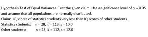 Solved Hypothesis Test Of Equal Variances Test The Given