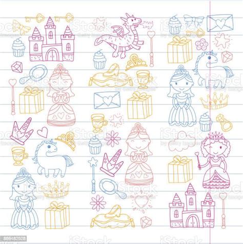 낙서 공주와 판타지 아이콘 집합이 고 그리고 초대 인사말 카드에 대 한 디자인 요소 아이 그림입니다 유치원 유치원 학교 패턴 6