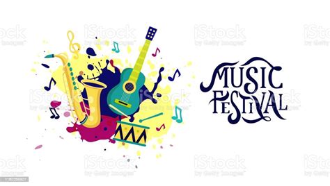 음악 축제에 대한 벡터 배너입니다 손 글자 재즈 콘서트 초대장 인사말 카드 파티 레이아웃 템플릿 성능 광고 브로셔 색소폰 기타