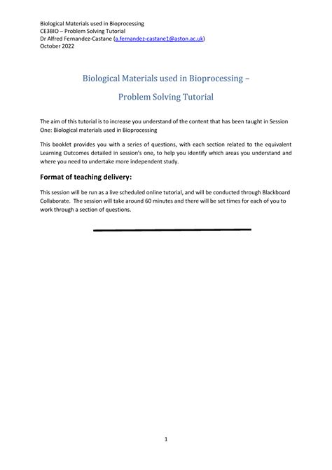 Week 2 Tutorial CE3BIO Problem Solving Tutorial Dr Alfred