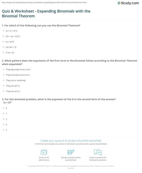 Quiz And Worksheet Expanding Binomials With The Binomial Theorem