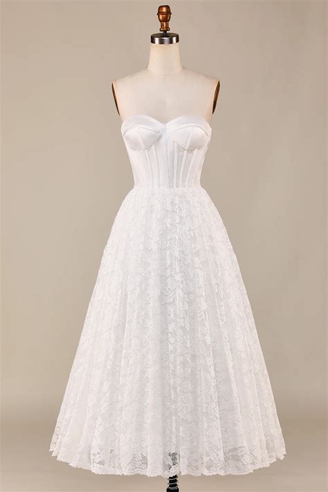 Dingjidress Ivory Lace Corset Tea Length Wedding Dress